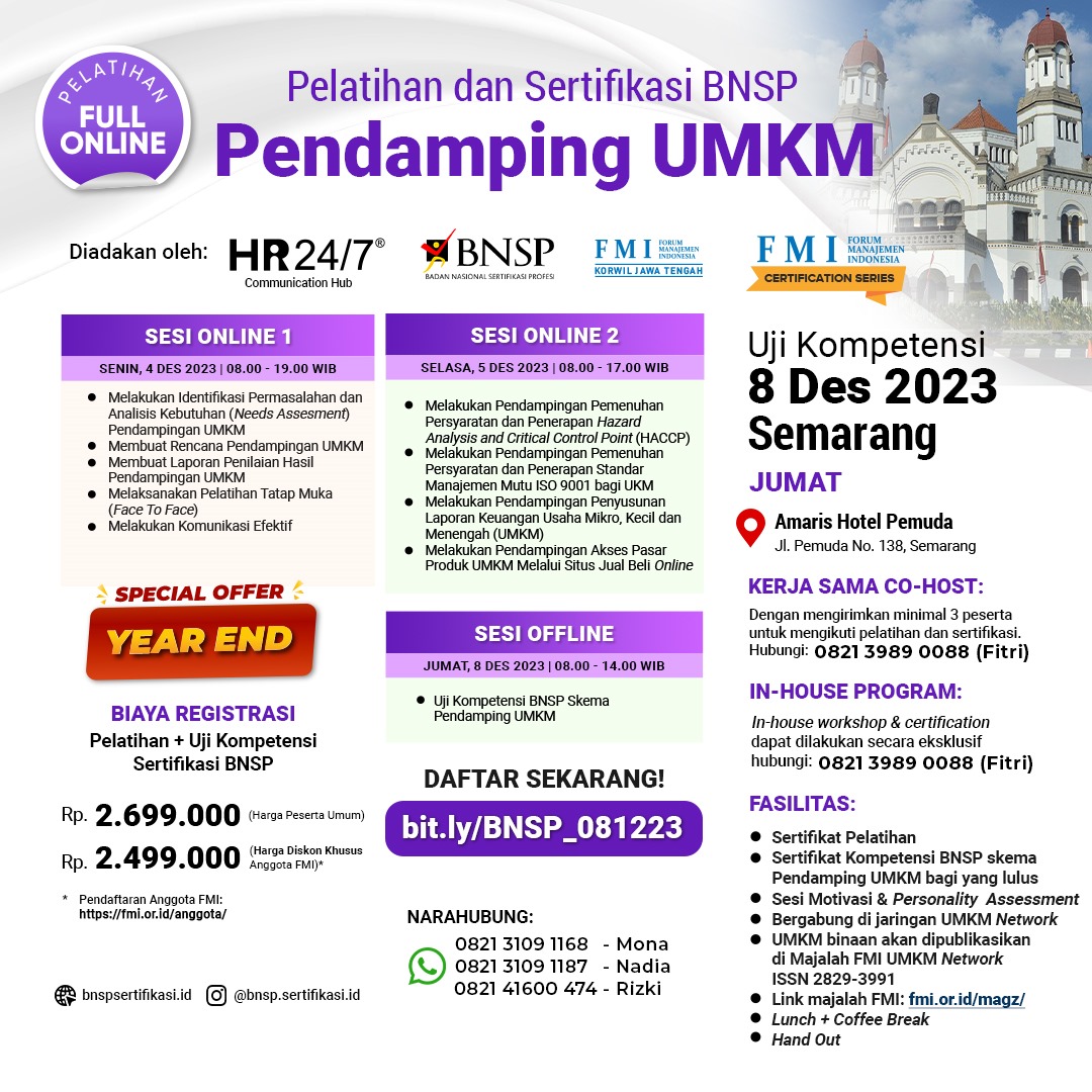 [FMI Korwil Jawa Tengah] Sertifikasi BNSP Skema Pendamping UMKM > Semarang 8 Desember 2023 – FMI